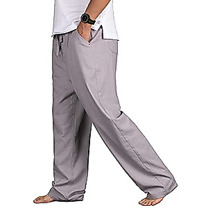 Men's Drawstring Loose Linen Beach Pants Lightweight Elastic Waist Yoga Lounge Cotton Trousers Pajamas (Grey, Large)