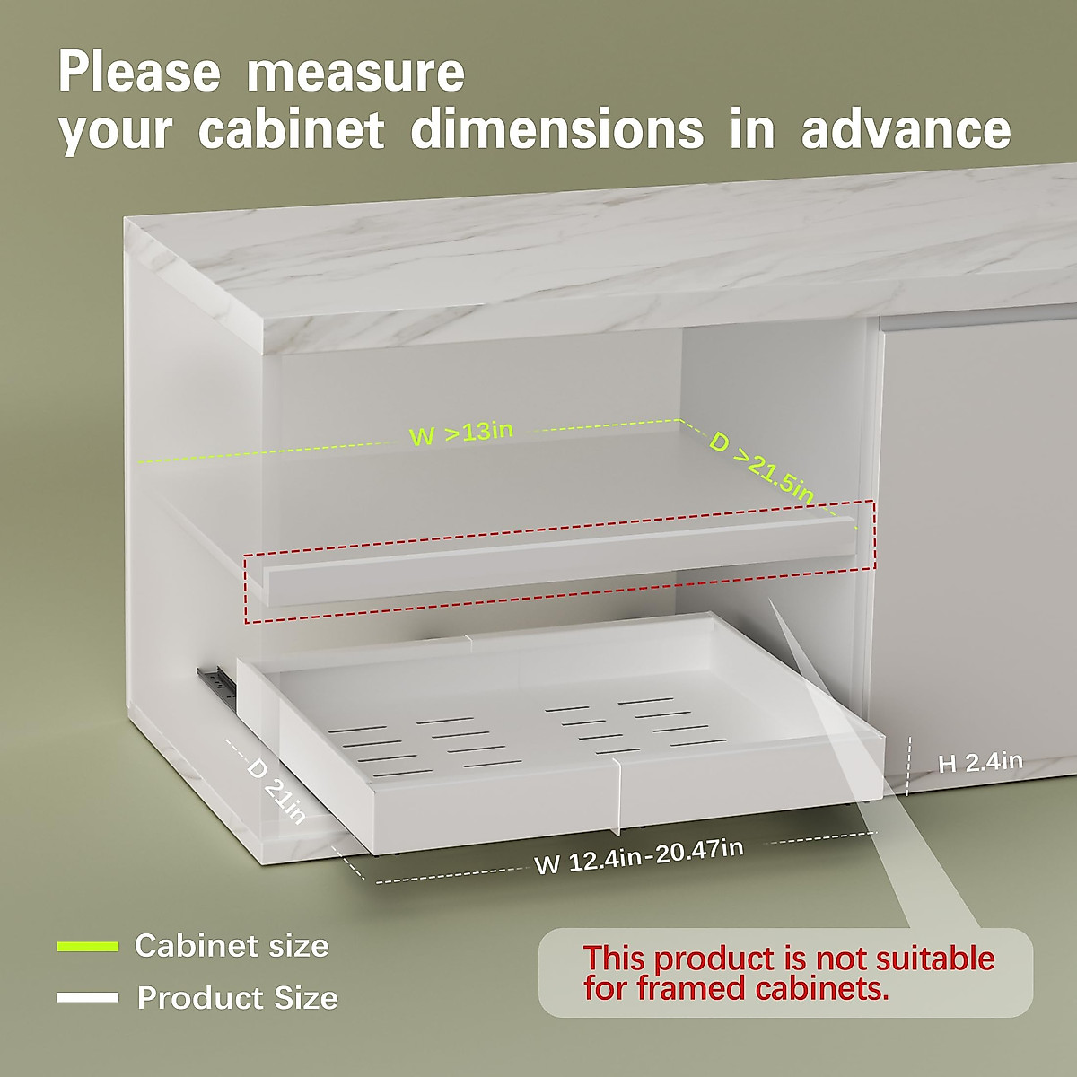 Seinloes 2 Pack Expandable Pull Out Cabinet Organizer 21" Deep, Upgrade 3 Slide Rails Slide Out Drawers for Kitchen Cabinets, No Drill Roll Out Shelves Adhesive, Adjustable Width 12.05"-20.4" White