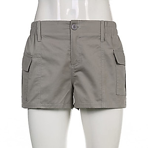 Luckinbaby Y2k Cargo Shorts Low Cut Pocket Joggers Denim Short Pants Bottoms Slim Fitted Retro Grunge Girls Streetwear (A Cargo Gray, S)