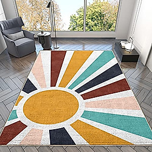 Rugs for Living Room Boho Rainbow Sun Area Rugs Bohemian Decorative Contemporary Floor Carpet Soft Non-Slip Non-Shedding for Living Room Bedroom Decor, 5x8 Feet
