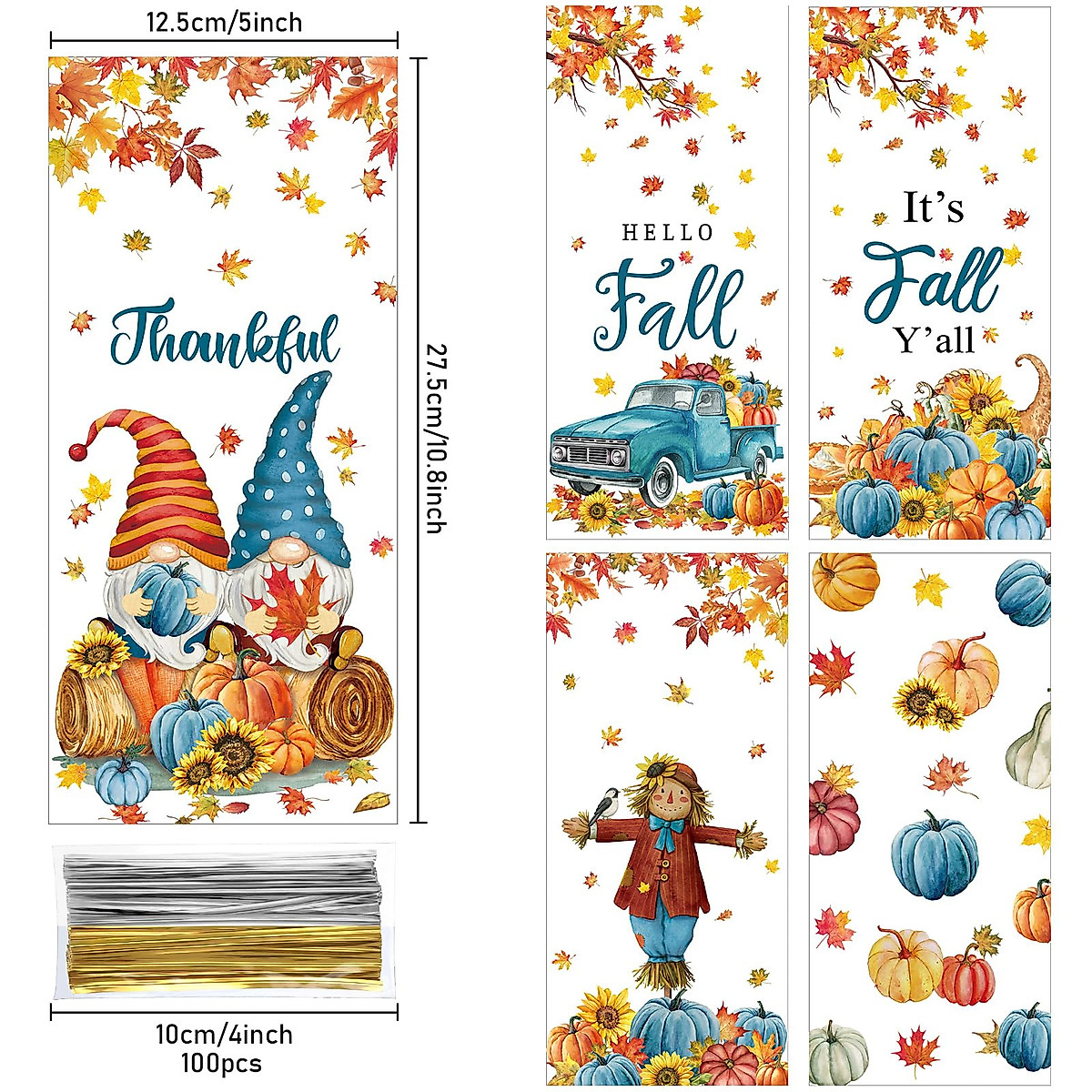 200 Pack Thanksgiving Cellophane Bags Fall Treat Bags with 200 Twist Ties Autumn Pumpkin Maple Leaves Plastic Candy Goodie Bags Fall Harvest Thankful Snack Bags for Thanksgiving Party Favor Supplies
