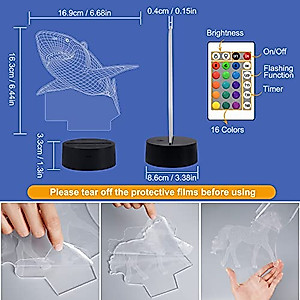 FULLOSUN 3D Illusion Lamp, Shark Night Light with Remote Control Optical Touch 16 Color Changing Desk Lamps Kids Room Decor Festival Birthday Present Gifts for Toddlers Boys Child