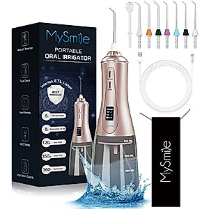 MySmile Powerful Cordless 350ML Water Dental Flosser Portable OLED Display Oral Irrigator with 5 Pressure Modes 8 Replaceable Jet Tips and Storage Bag for Home Travel Use (Rose Gold)