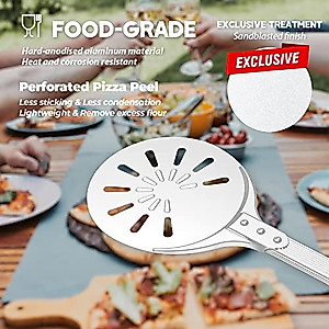 Pizza Turning Peel 8-inch Round Head Pizza Turner, Anodized Aluminum Perforated Pizza Peel Spinner with Long Handle, Pizza Oven Accessories