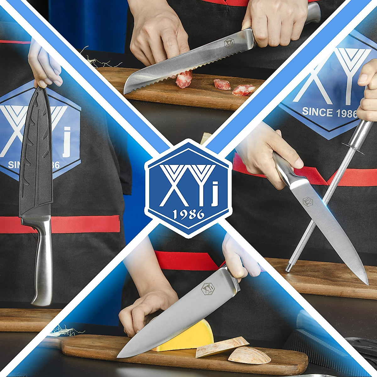 XYJ Professional Knife Sets,Chef Knife Set with Bag,Case,Scissors,Culinary Kitchen Butcher Meat Cleaver,Cooking Cutting,Bread,Utility,Fruit