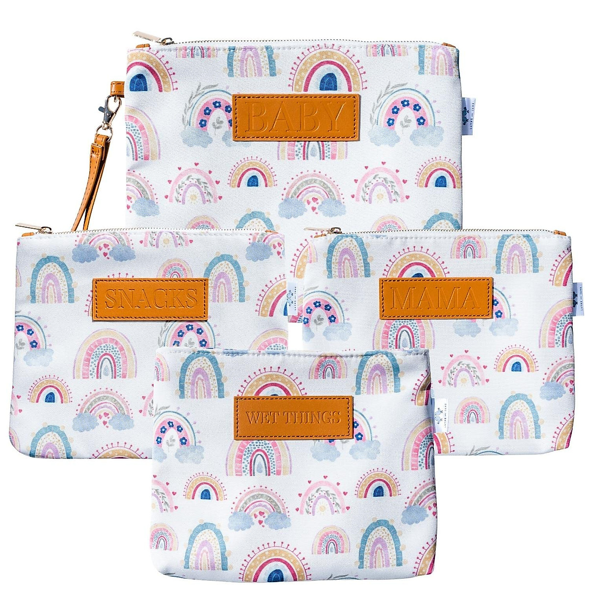 Diaper Bag Organizing Pouches (Set of 4) - Rainbow Diaper Bag Organizer Pouches - Baby Diaper Clutch Bag, Wet Bag, Mama Bag, Snacks Diaper Bag Insert - Waterproof Lining - Diaper Bag Organizer Insert