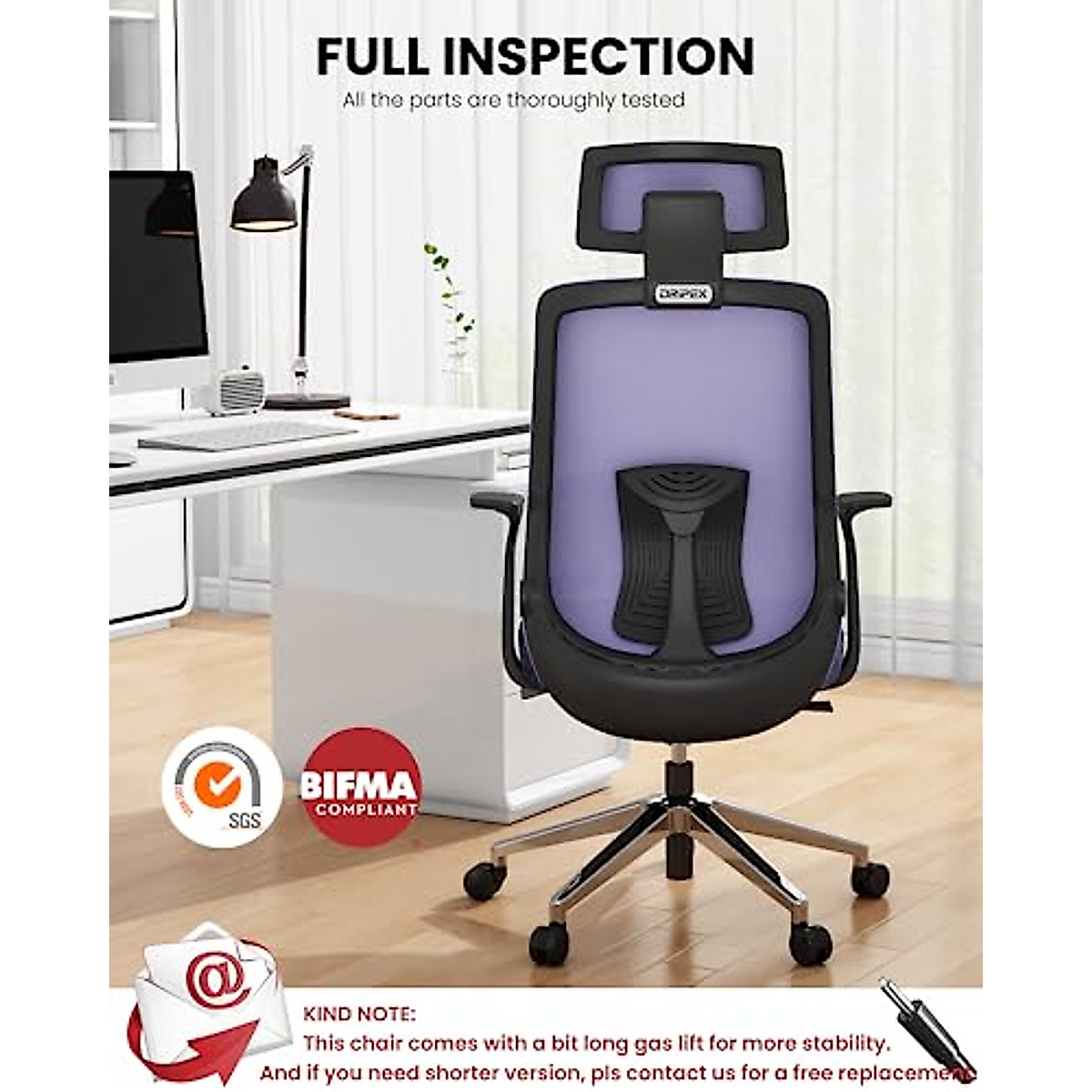 Dripex Mesh Office Chair for Home, Ergonomic Desk Chair with Arms/Lumbar Support/Mesh Back/Adjustable Headrest & Height/Wheels, Computer Chairs Tilt Reclining Swivel Rolling Chair, Purple