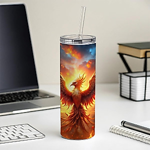 Flaming Phoenix Rising From Ashes Fantasy Bird Skinny Tumbler 20oz with Straw Insulated Water Bottle Gift