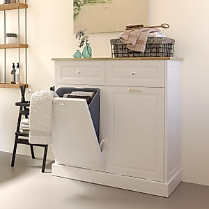 Usinso Double Trash Can Cabinet, Double Tilt Out Trash Cabinet with Hideaway Holder Drawers, Modern Standing Trash Cabinet for Kitchen, Living Room, Laundry Room (White)