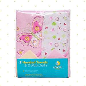Spasilk Bath Hooded Towels & Washcloths Set for Babies, 2 Hooded Terry Bath Towels & 2 Washcloths, Pink Butterfly