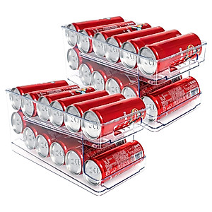 Mano Set of 2 Rolling Soda Can Organizer for Refrigerator, Clear Drink Dispenser for Pop Beer Soda Seltzer Beverage Can Holder, Plastic Fridge Organizer Bins Pantry Storage Rack