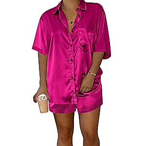 Ekouaer Short Pajama Set Womens Slipping Lounge Set Silk Nightwear Pjs Satin Short Sleeve Shirts & Shorts (Rose,L)