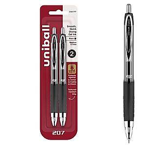 Black Retractable Gel Pens 2 Pack with Medium Points, Uni-Ball 207 Signo Click Pens are Fraud Proof and the Best Office Pens, Nursing Pens, Business Pens, School Pens, and Bible Pens