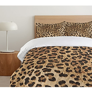 Ambesonne Leopard Print Duvet Cover Set, Skin Pattern of a Wild Savannah Animal Powerful Panther Big Cat, Decorative 3 Piece Bedding Set with 2 Pillow Shams, Queen Size, Brown Beige
