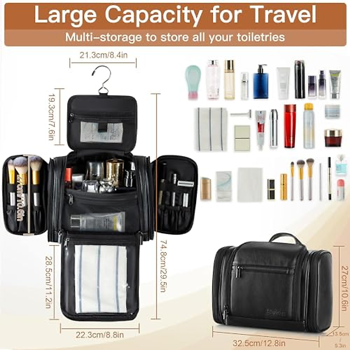 Elviros Travel Hanging Toiletry Bag for Women and Men, Large PU Leather Toiletries Organizer, Water-resistant Bathroom Shaving Kit for Cosmetics, Makeup Case (Extra Large, Black)