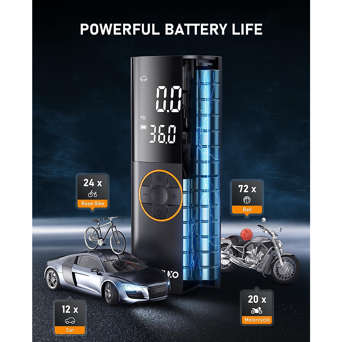 Tire Inflator Portable Air Compressor, 150PSI Fast Cordless Bike Tire Pump, Battery & 12V DC Dual Power Bike Pump with Digital Pressure Gauge, LED Light for Cars, Motorcycles, Bicycles, Balls and More