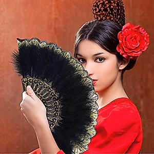 2 Pieces Feather Hand Fan Embroidered Flower Marabou Feather Fan 1920s Feather Fan Hand Fan Folding Hand Fan Drag Queen Fan for 20s Women Costume Party Dancing Photoshoot Wedding Decor (White, Black)