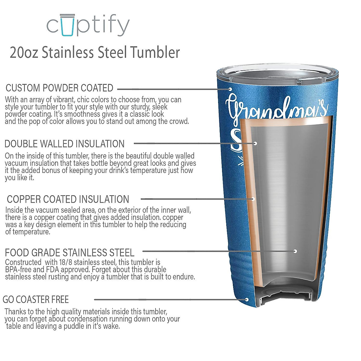 Grandmas Sippy Cup Gift for Women Birthday Blue Glitter 20 oz Stainless Steel Tumbler with Lid Insulated Cup