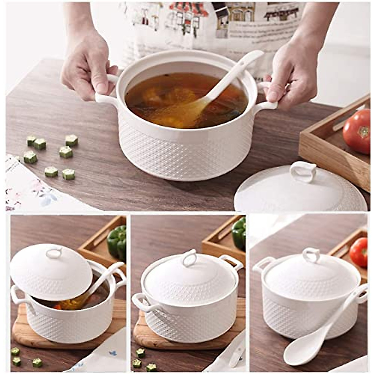 SOOMILE Ceramic Soup Tureen With Lid Lovely Serving Tureens With Lid , White, Round, 3.6L
