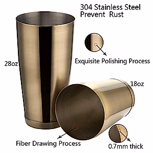 Boston Cocktail Shaker Set 18/8 Stainless Steel Bartender Kit, Including 18oz&28oz Shaker Tins, Double Jigger, 8''Muddler, 2 Liquor Pourers, 12" Mixing Spoon, Cocktail Strainer, Mesh Strainer(Bronze)