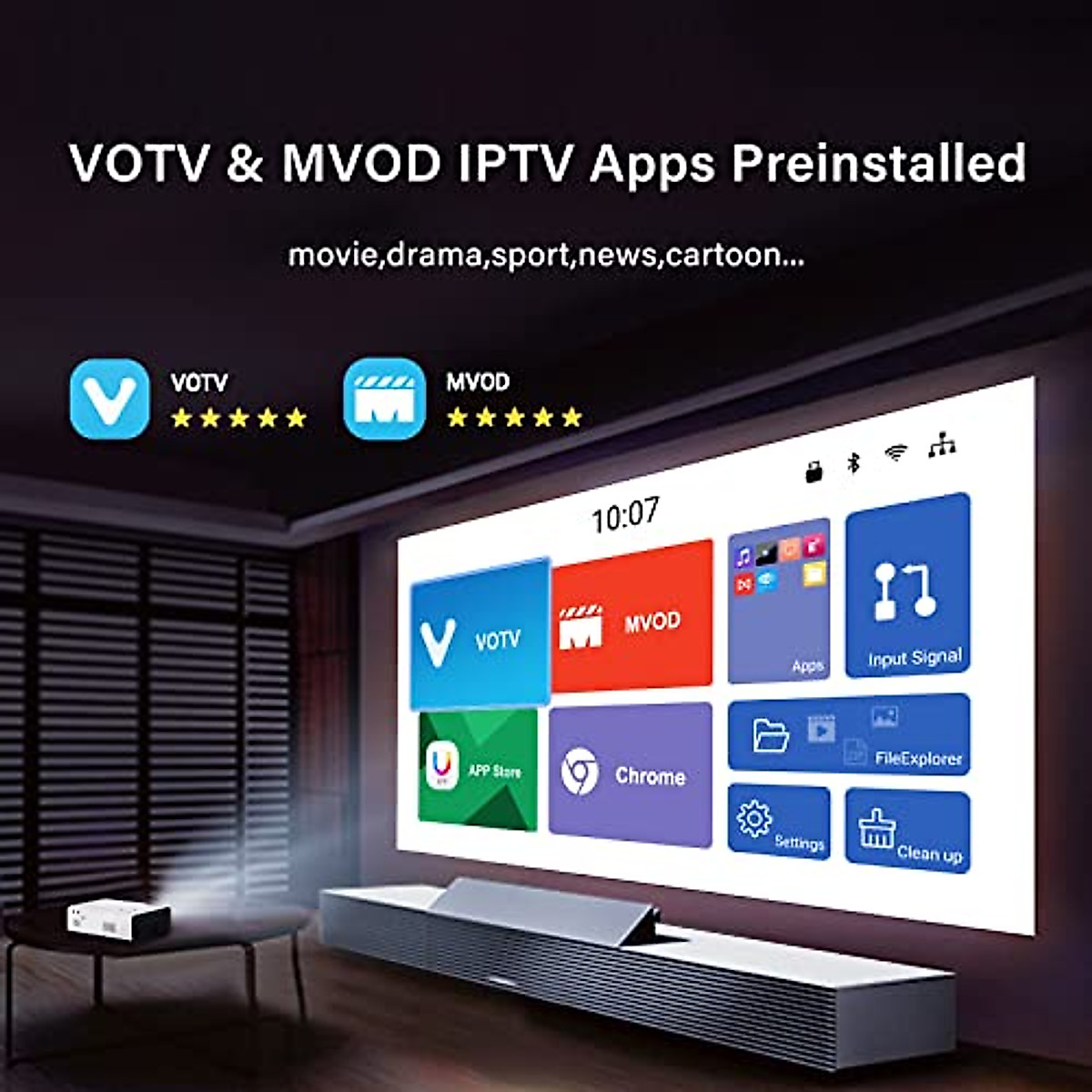 DREAMOSA Projector with IPTV Apps Preinstalled, 10000+ Global Live Videos, 5500 Lumens 1080P HD Protable Home Theater Support 150’’ Screen, Android 9.0 OS Builtin 2.4G/5G Dual WiFi and Bluetooth 4.1