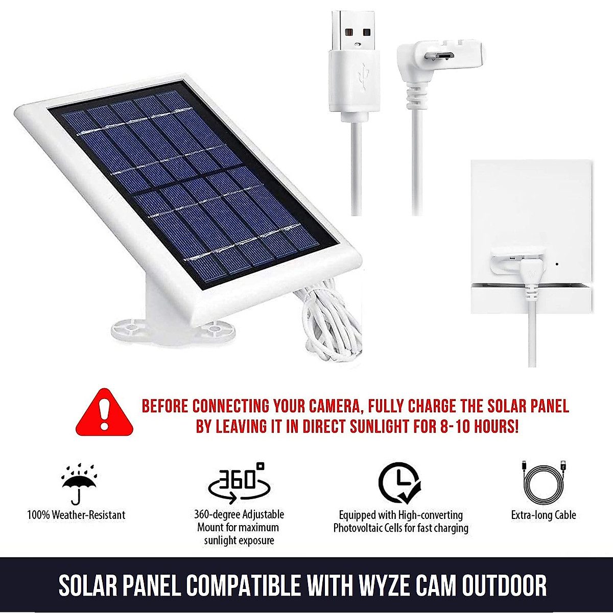 Wasserstein Solar Panel Compatible with Wyze Cam Outdoor - 2W 5V Charging with Additional 32GB Micro SD Card Included (White) (Wyze Cam Outdoor NOT Included)