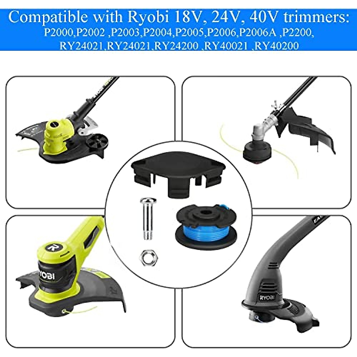 Eyoloty ACFHRL2 Polycarbonate Blades Head,AC14RL3A & AC80RL3 Spool Line Compatible with Ryobi 18V 24V 40V RY40210 RY40210A String Trimmers,with AC14HCA Cap Cover and Ryobi Trimmer Parts (18 Pack)