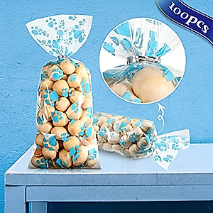Blulu 100 Pieces Pet Paw Print Cone Cellophane Bags Heat Sealable Candy Bags Dog Paw Gift Bags Cat Treat Bags with 100 Pieces Silver Twist Ties for Pet Treat Party Favor(Blue)