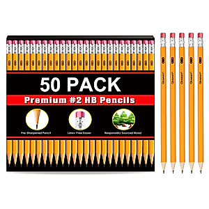 Gloween Wood-Cased #2 HB Pencils Bulk, 50 Pack Pre-Sharpened Yellow Pencils for Office School Supplies