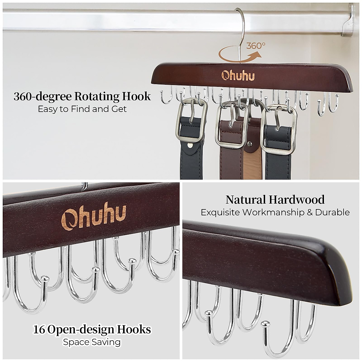 Belt Hanger Organizer for Closet: Ohuhu 16 Hooks Max 48 Belts Tie Rack Wooden Belt Holder for Storage 360 Degree Rotating Space Saver Organizer for Men Women Belt Tie Scarf Tank Top Accessories-Walnut
