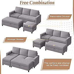 JAMFLY 79'' Sectional Sofa Couch with Storage Ottoman, Living Room Furniture Set Small Deep Convertible Sofa, L-Shaped Couch Wide Reversible Chaise with Linen Fabric (Grey)