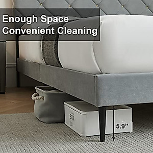 AsKmore Queen Size Bed Frame,Velvet Upholstered Platform with Headboard and Strong Wooden Slats,Non-Slip and Noise-Free,No Box Spring Needed, Easy Assembly,Light Grey