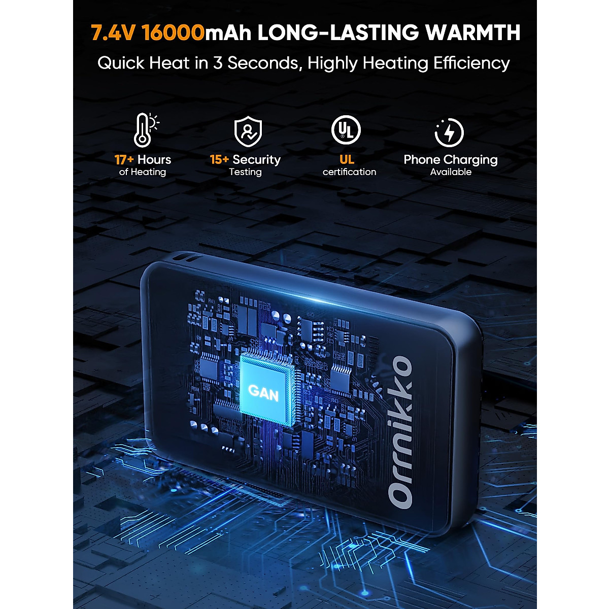 ORRNIKKO [2024 All-New] Heated Vest for Men - 7.4V 16000mAh Battery Pack and Detachable Heated Hood, Mens Heated Vest