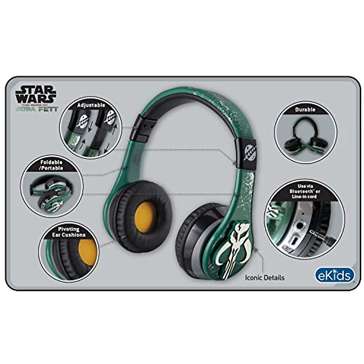eKids Book of Boba Fett Bluetooth Headphones, Wireless Headphones with Microphone Includes Aux Cord, Kids Headphones for School, Home, or Travel