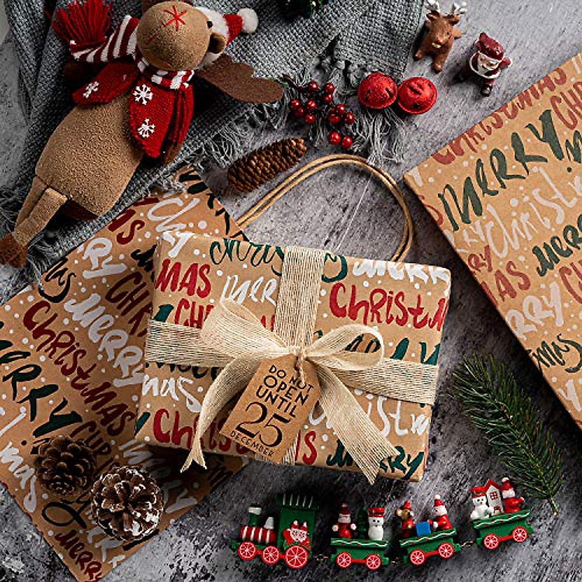 RUSPEPA Christmas Wrapping Paper,Kraft Paper - Marry Christams Design - 24 Inches x 100 Feet - White