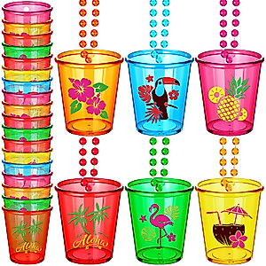 12 Pcs Hawaiian Luau Shot Glasses Bead Necklace Hawaiian Aloha Party Necklace Cups Flamingo Hibiscus Shot Glass Beaded Necklace Plastic Shot Glasses Necklace for Hawaiian, Summer Tiki Party Supplies