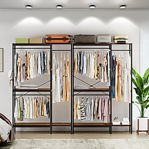 ZERDER Clothes Rack, Heavy Duty Garment Rack for Clothes, Clothing Racks with Shelves and 4 Side Hooks, Freestanding Metal Wooden Closet Organizer (Rustic Brown)