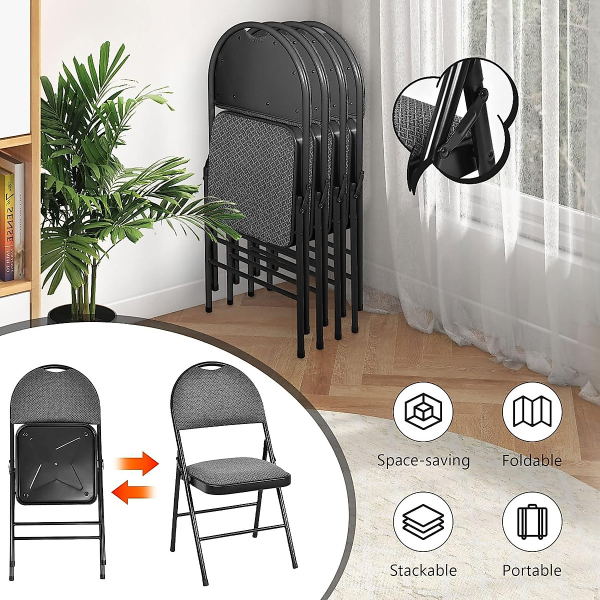 GOFLAME 4 Pack Folding Chairs, Heavy Duty Foldable Chairs with Cushioned Seat & Back, Padded Dining Chairs with Metal Frame for Indoor Outdoor Home Office Event Wedding Party, Gray