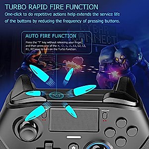 GCHT GAMING Wireless Pro Controller for PS4/PS4 Slim/PS4 Pro Compatible PC, Steam, Android and iOS, MAC, with Back Buttons, Turbo, Vibration, Game Joystick Gamepad Wireless/Wired (Dark Black)