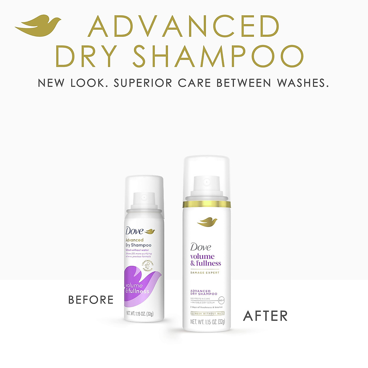 Dove Advanced Dry Shampoo Volume & Fullness Refresh & Revive Flat Hair Without Water for 2 Days of Freshness & Bounce 1.15 oz