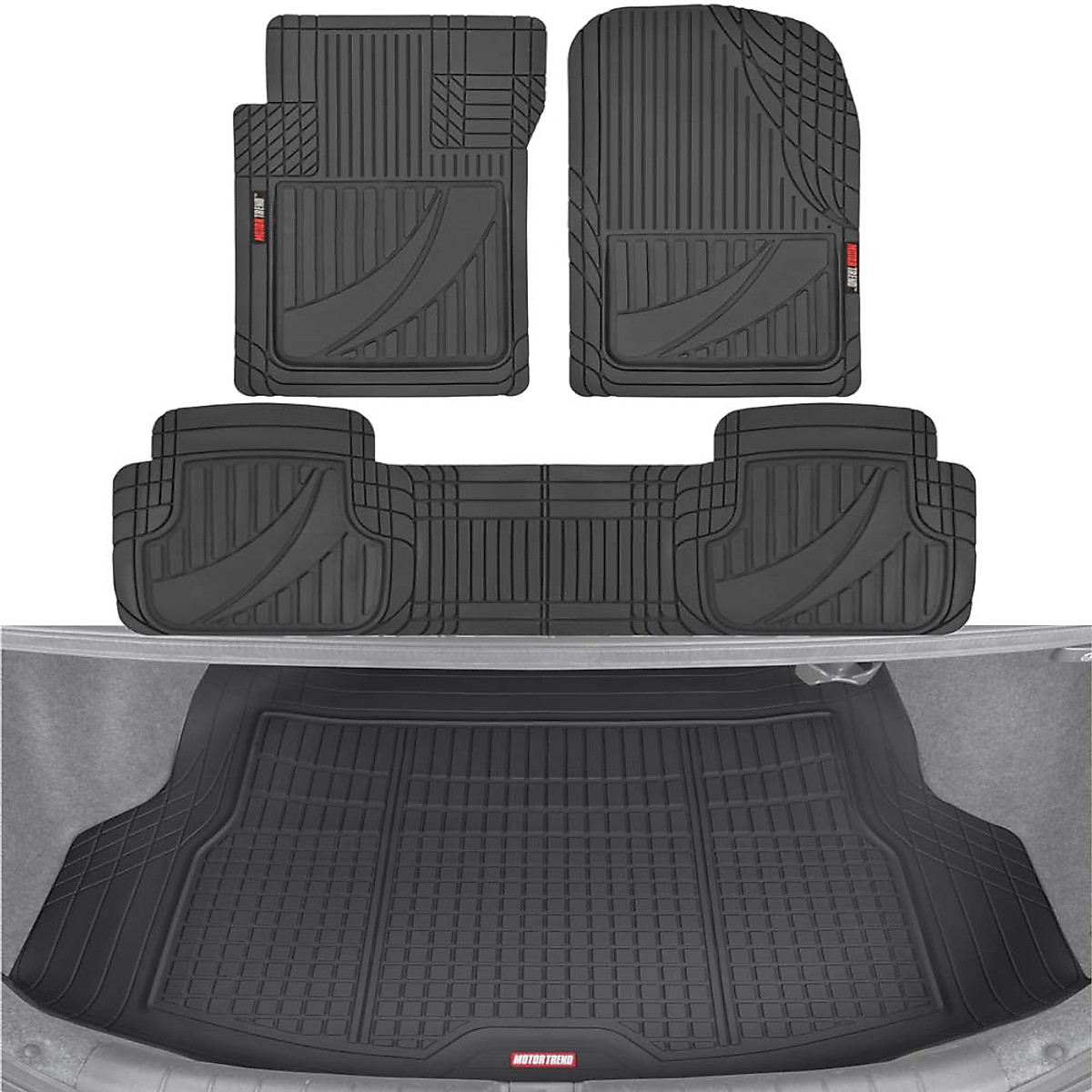 Motor Trend FlexTough Advanced Black Rubber Floor Mats with Cargo Liner Full Set - Front & Rear Combo Trim to Fit for Cars Van SUV, All Weather