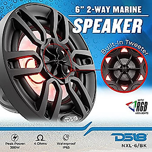 DS18 Hydro NXL-6 - High End Coaxial Speaker Pair - 2-Way Marine Speaker w/Integrated RGB Lights - 300 Watt - 100% UV Stable - Water Resistant Speakers - 6.5 Inches, Black