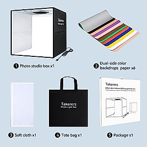 Photo Studio Light Box, Takerers 16"x16"x16" Portable Professional 3200-6500k Dimmable Shooting Tent Kit with 160 LED & 6 Kinds of Double-Sided Color Backdrops for Product Photography