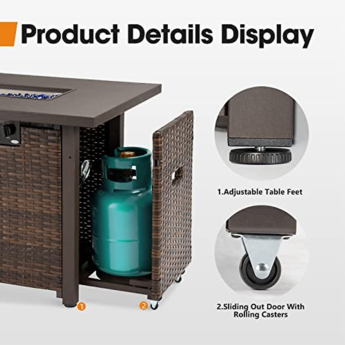 42 Inch Outdoor Propane Gas Fire Pit Table, 50,000 BTU Auto-Ignition Gas Firepit with Glass Wind Guard, Alloy Wood Grain Tabletop by HANLIKO-Brown