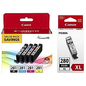 Canon CLI-281 BKCMY 4-Color Ink Tank Value Pack (2091C005) + Canon PGI-280 XL Pigment Black Ink Tank (2021C001)