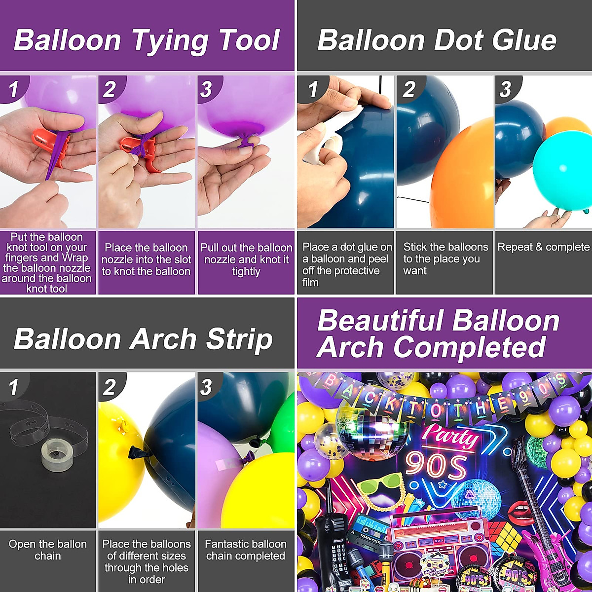 HJINGY 90s Party Decorations 80's 90's Theme Party Bundle includes Inflatable Gitar&Mobile Phone, Back To The 90's Banner, Tablecloth, Cake Toppers, Plates, Napkins, Hip-Hop Backdrop