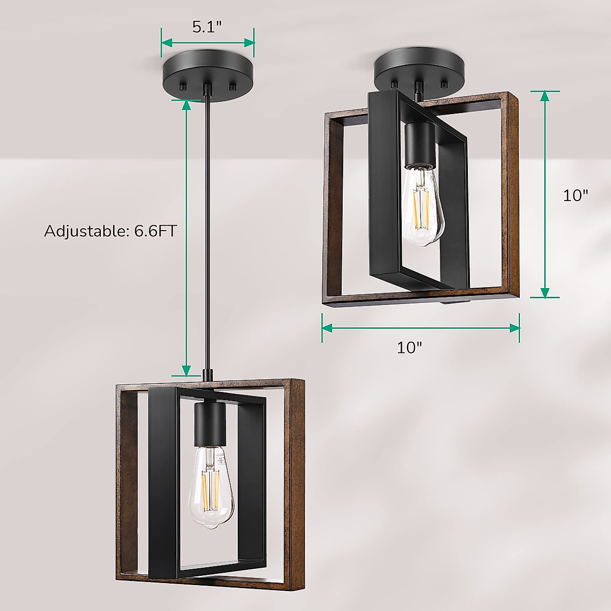 EDISHINE Farmhouse Pendant Light Fixture, Rustic Hanging Light Fixture with Wood Grain and Black Finish, Pendant Lighting for Kitchen Island, Dining Room, Hallway, Adjustable Cord, cULus Listed