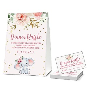 ONDTOM Pink Floral Elephant Baby Shower Party 5"x7" Self-Standing Diaper Raffle Sign With 50 Cards(2.1"x3.5"), Baby Gender Announce Party Decorations Supplies - diaper-H01