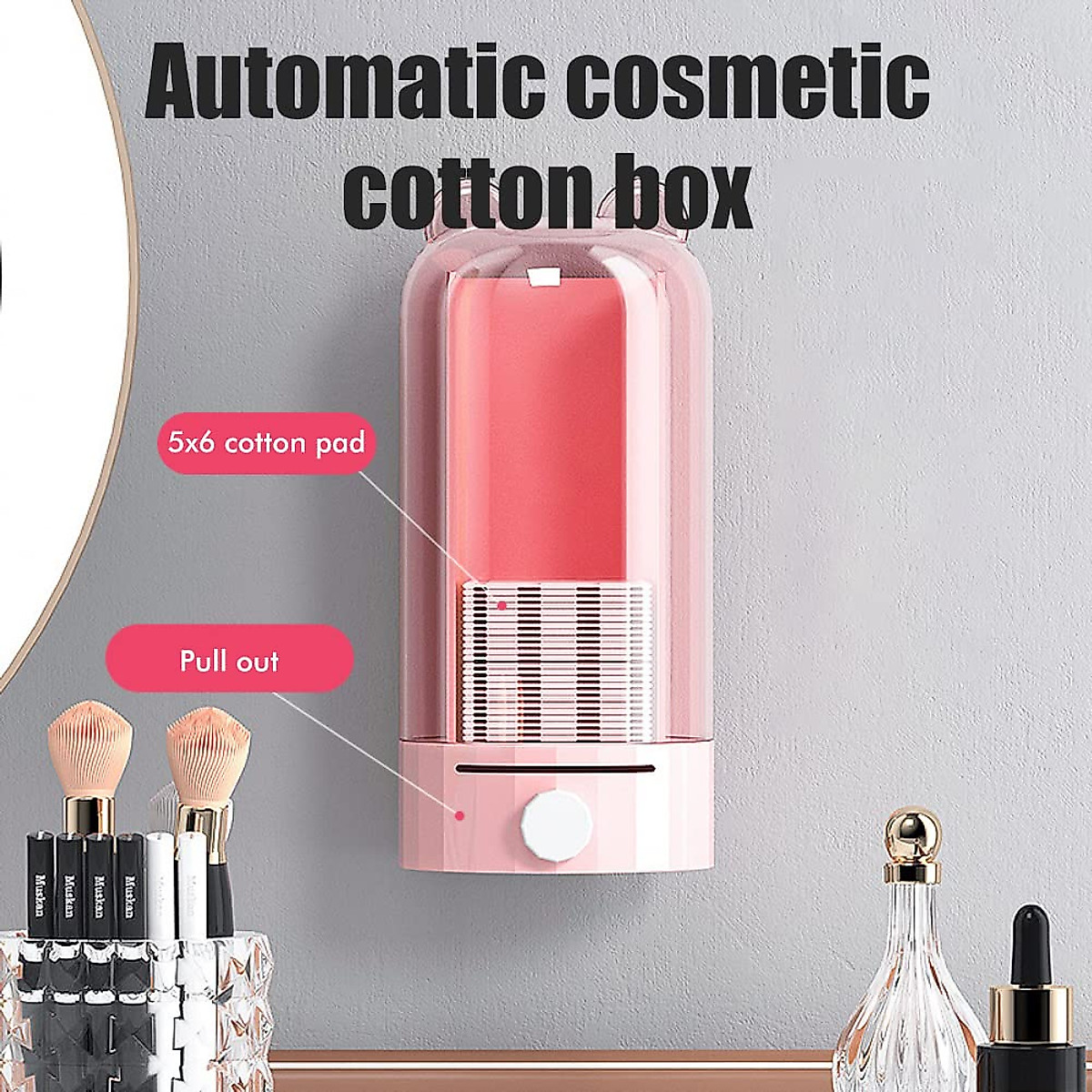 Automatic Cotton Pad Dispenser, Press Out Makeup Cotton Holder, Translucent Wall Mounted Design, ABS Material, Best Women (Powder (get 50 Cotton Pads))