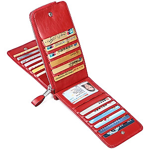 Huztencor Women's Credit Card Holder RFID Blocking Oil Wax Leather Multi Card Organizer Wallet Slim Long Zipper Bi-fold Business Card Case Clutch Wallet with ID Window Red (FBA)
